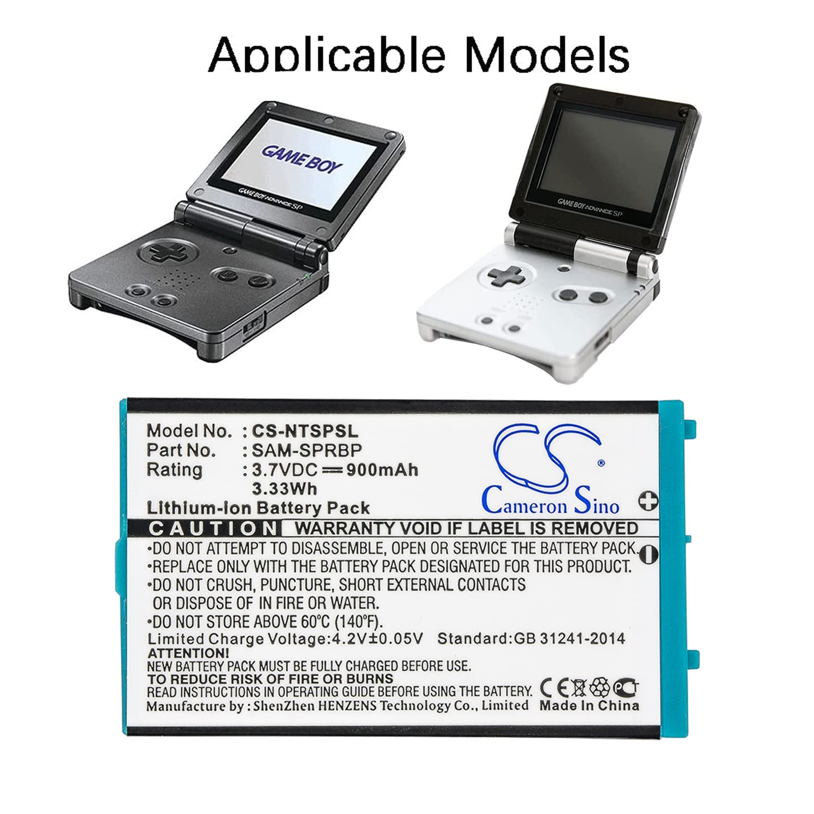 900mAh / 3.33Wh Li-ion Replacement Battery for Nintendo Advance SP, AGS-001, GBA SP, AGS-003, SAM-SPRBP