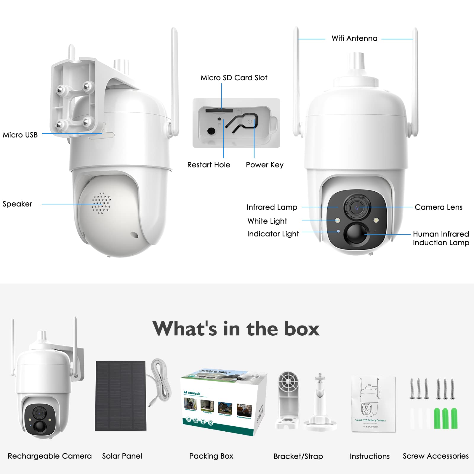 Allweviee Solar Security Outdoor WiFi Camera, Pan Tilt 360° View IP65 Waterproof Rechargeable Wireless Battery Powered 2K 3MP PTZ Camera with PIR, Color Night Vision,2-Way Talk, 4dbi Antenna, Cloud/SD