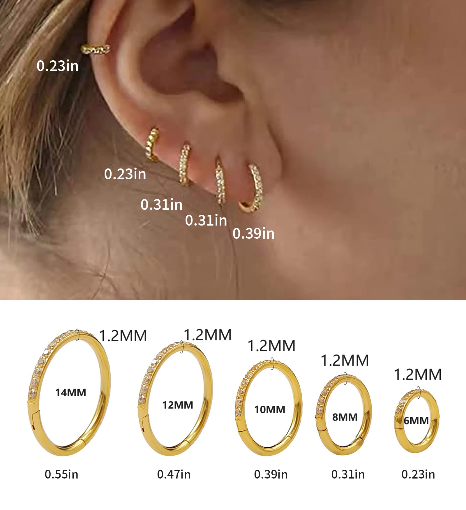 AJEVIE CZ Silver Nose Rings Hoops - 316L Stainless Steel Cartilage Earrings Piercing Jewelry Hinged Segment Rings Lip Rings Piercing Kit