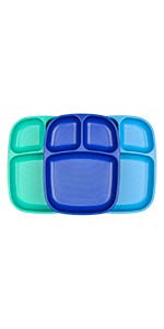 Re-Play Made in USA Large, Deep Walled Divided Plates for Kids, Set of 3 - Reusable 3 Compartment Plates, Dishwasher and Microwave Safe - 9" x 7.5" x 1.25" Divided Trays, True Blue