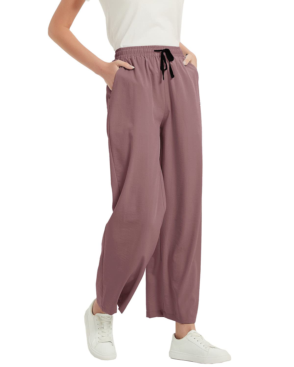 AjezMax Casual Bottoms for Women Wide Leg Pants Drawstring Trousers with Pockets Bean Paste L