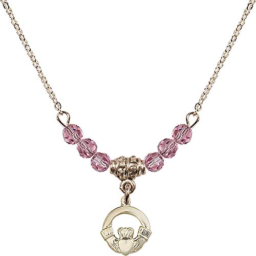 Bonyak Jewelry 18 Inch Hamilton Gold Plated Necklace w/ 4mm Rose Pink October Birth Month Stone Beads and Claddagh