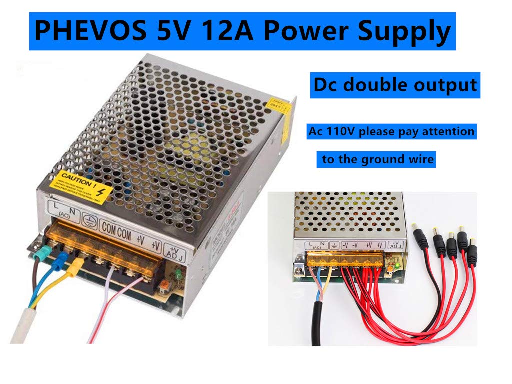 DC 5V 12A Power Supply, PHEVOS AC 110/120 to DC 5V Universal Switching Transformer Adapter for Raspberry PI Models, CCTV, Radio, Computer Project, LED Strips Pixel Lights