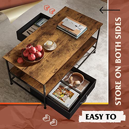 WLIVE Coffee Table with Storage Drawers and Open Shelf, Mid-Century Modern Wood and Metal Cocktail Table for Living Room