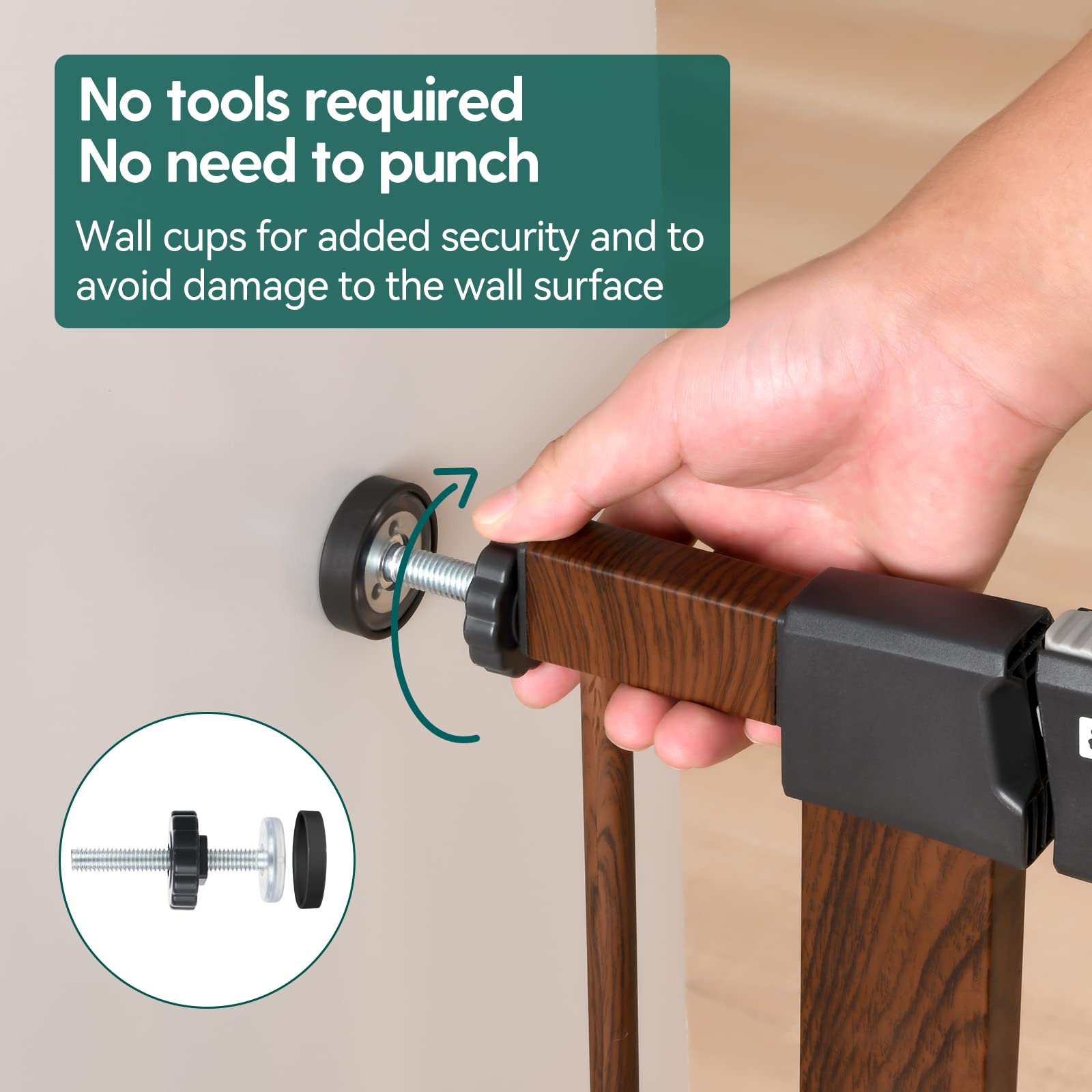 BABELIO 29-46 Inch Pressure Mounted Metal Baby Gate with Vintage Dark Brown Wood Pattern, Easy Install, No Drilling, No Tools Required, with Wall Protectors and Extenders