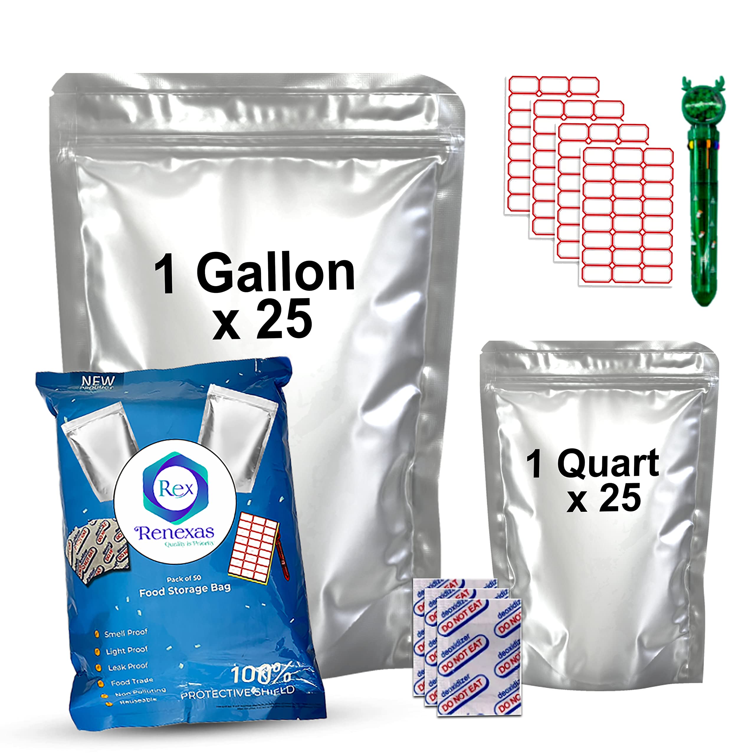 50 Pcs Mylar Bags For Food Storage With Oxygen Absorbers, Airtight Resealable Foil Pouches For Long Term Storage, Reusable ziplock Bags pack of 1 gallon(25pcs) and 1 quart(25pcs)