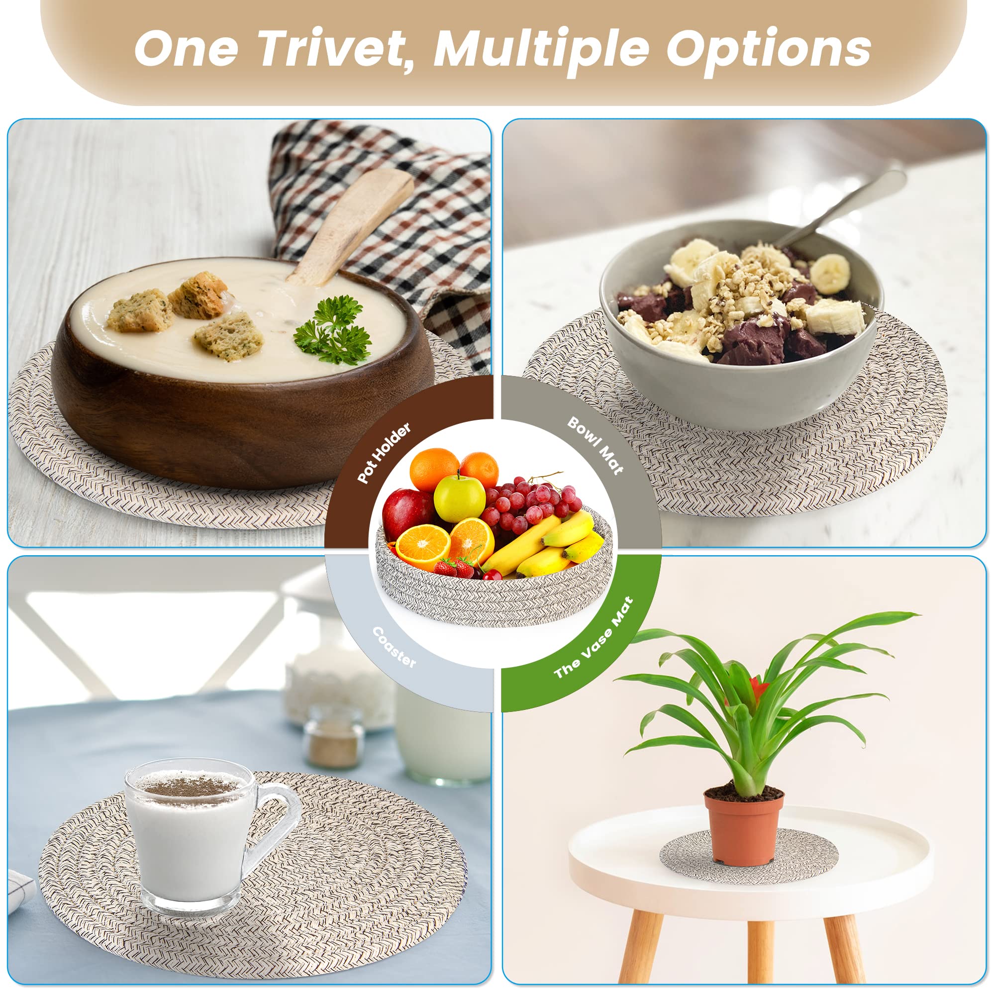 AmapleL 9 Inches Trivets for Hot Dishes, Trivets (Set of 4) for Hot Pots and Pans Holder + 1 Pack Kitchen Storage Basket, 100% Cotton Round Hot Pads - Table Mats - Coasters, Table Heat Protector Pad