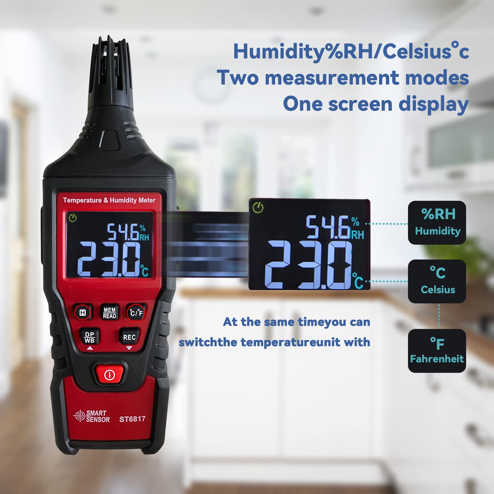 Lunarlipes ST6817 Thermometer Hygrometer, Digital Temperature Humidity Meter, Handheld Thermometer Hygrometer with Ambient, Dew Point, Wet Bulb for Outdoor and Indoor, Max/Min Hold, LCD Backlight