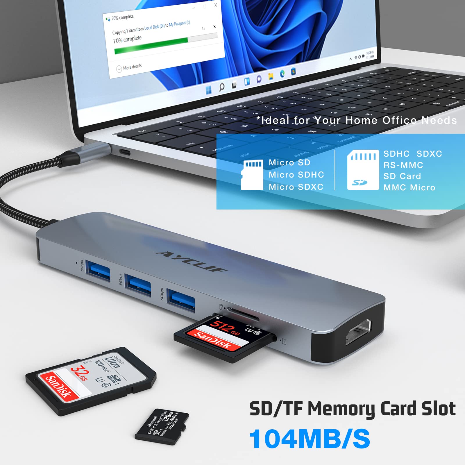 AYCLIF 6 in 1 USB C Hub, Dual Display USB C Adapter for MacBook Pro/Air, USB 3.0 5Gbps Fast Docking Station (4K HDMI,SD/TF,USB A 3.0) for Dell,Surface,HP,Lenovo and Type C Devices