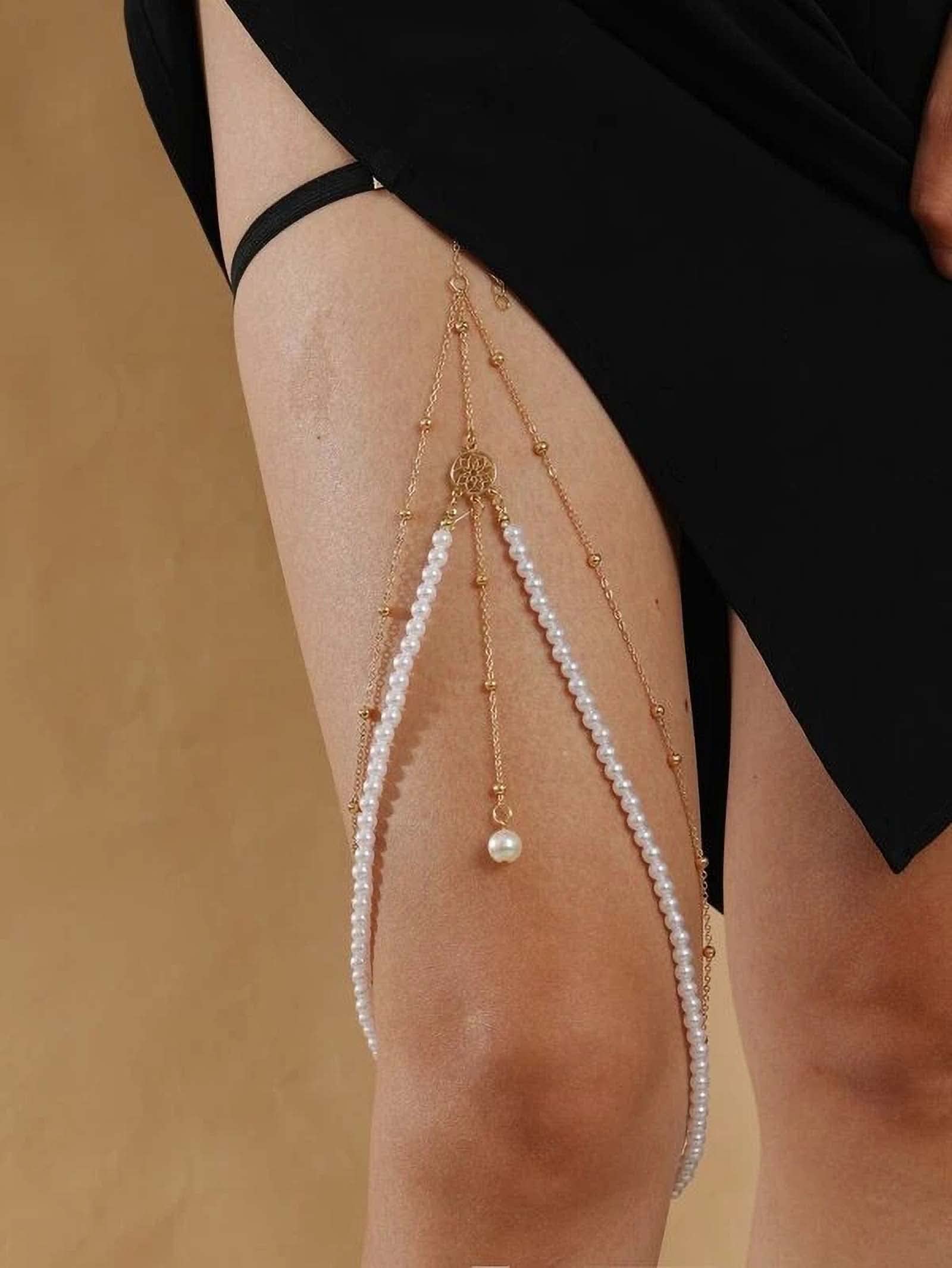 4Pcs Leg Chain Thigh Chain Jewelry for Women Boho Thigh Chain Snake Pearl Coin Crystal Layered Leg Chain Summer Beach Body Chain
