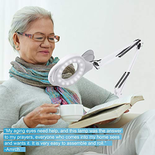 8X Dimmable Magnifying Floor Lamp with 4 Wheel Rolling Base for Estheticians - 2,200 Lumens LED Light with Glass, Lighted Magnifier with Swing Arm for Reading, Craft, Sewing, Hobbies White