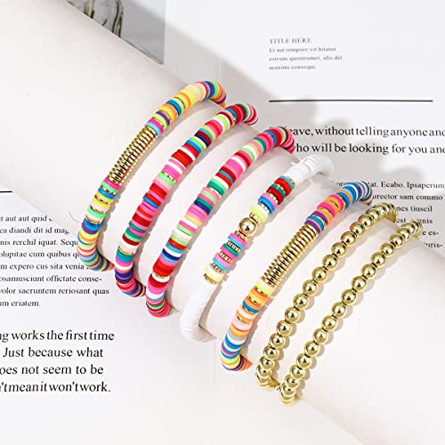 DIMISHIN Heishi Bracelet for Women Clay Bead Bracelet Stackable Beaded Stretch Bracelet Elastic Layered Colorful Beaded Bracelet Set (Colorful 7pc)