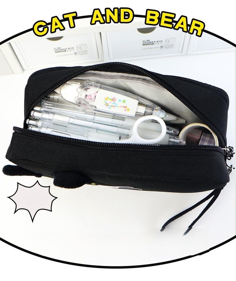 KGJGFX Doubel Layer Large Capacity Pencil Case with Embroidered Cats Grid Compartment of Pen Slots in Black & White Pen Holders Pen Pouch (Beige Cat with 3 Layers)