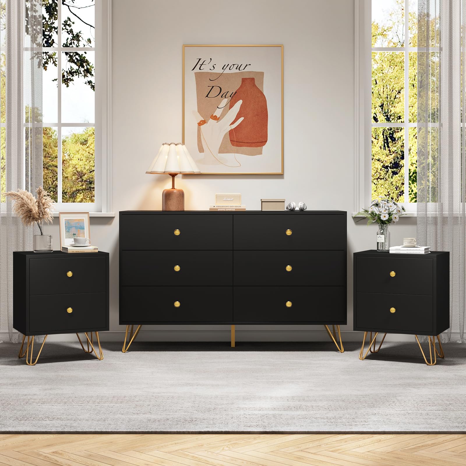 Tradare Black Nightstand Set of 2, Black and Gold Night Stand with 2 Drawers, Modern End Table with Metal Legs and Gold Handles, Bedside Table for Bedroom, Hallway