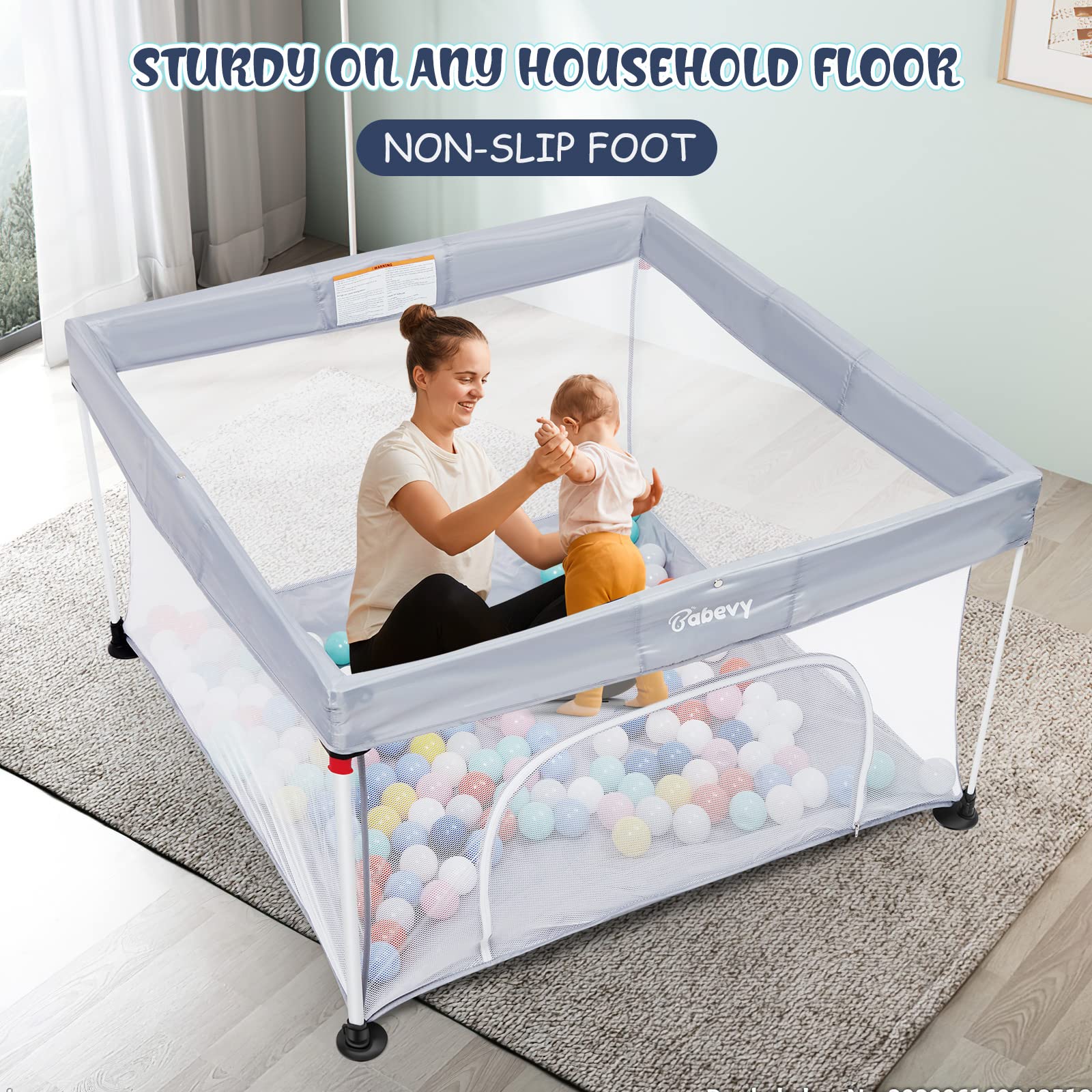 Babevy Foldable Baby Playpen Portable Baby Fence Play Yard for Babies and Toddlers with Gate, Indoor & Outdoor (Grey)