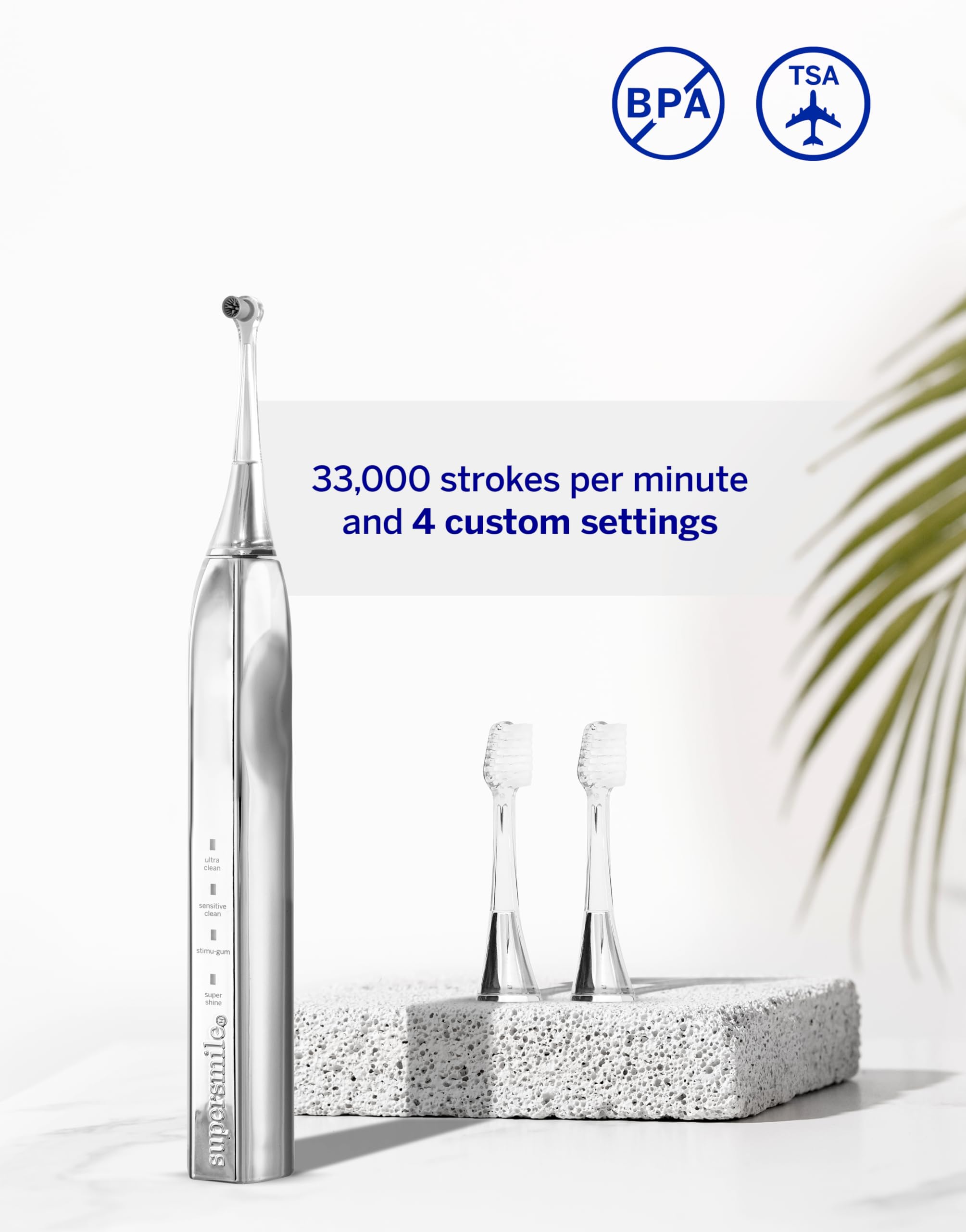 Supersmile Zina45 Deluxe Sonic Pulse Electric Toothbrush, Rechargeable Whitening Tooth Brush, Silver