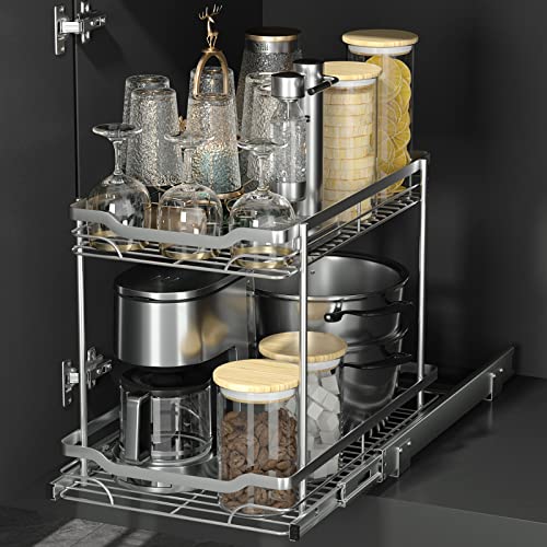 Amazer Pull Out Cabinet Organizer, 2 Tier Pull Out Drawers for Kitchen Cabinets, Slide Out Pantry Shelves 14.2"D×20"W Sturdy Cabinet Organizer Pull Out Drawers, Cabinet Pull Out Shelves Metal-Chrome