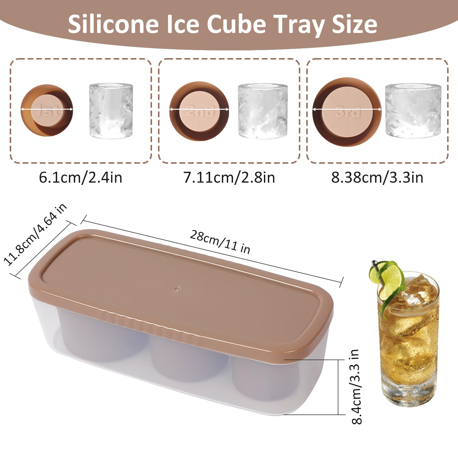 ALOOF Ice Cube Tray with Lid and Bin Compatible with Stanley Cup, 3 Pcs Silicone Ice Cube Hollow Cylinder Molds for Coffee, Juice, Whiskey, Cocktail, for Stanley 40 Oz Cups Accessories (Brown), Green