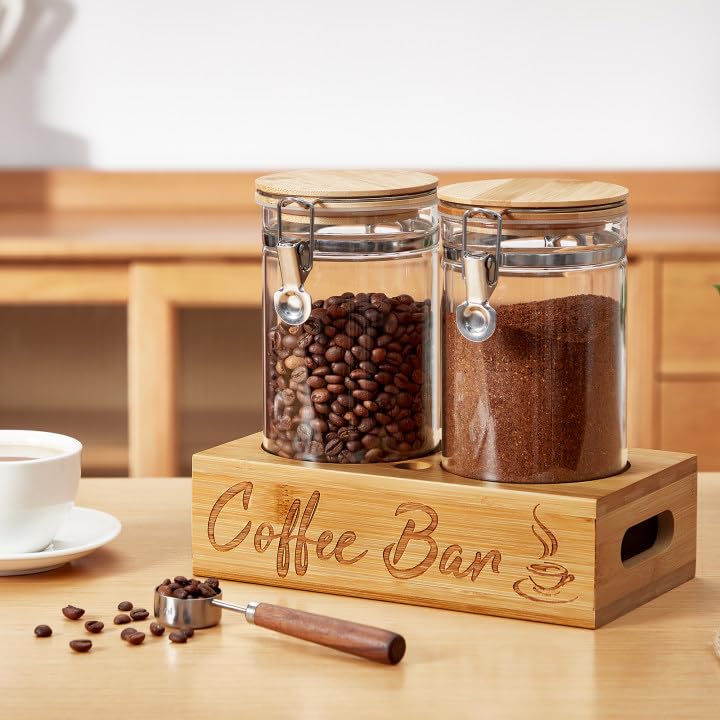 Spreccio Coffee Canister Set with Shelf, 2 x 50oz Coffee Bean Canister Storage Station for Ground Beans, Sugar and Coffee Jar with Scoop, Countertop Coffee Storage for Coffee Bar or Kitchen