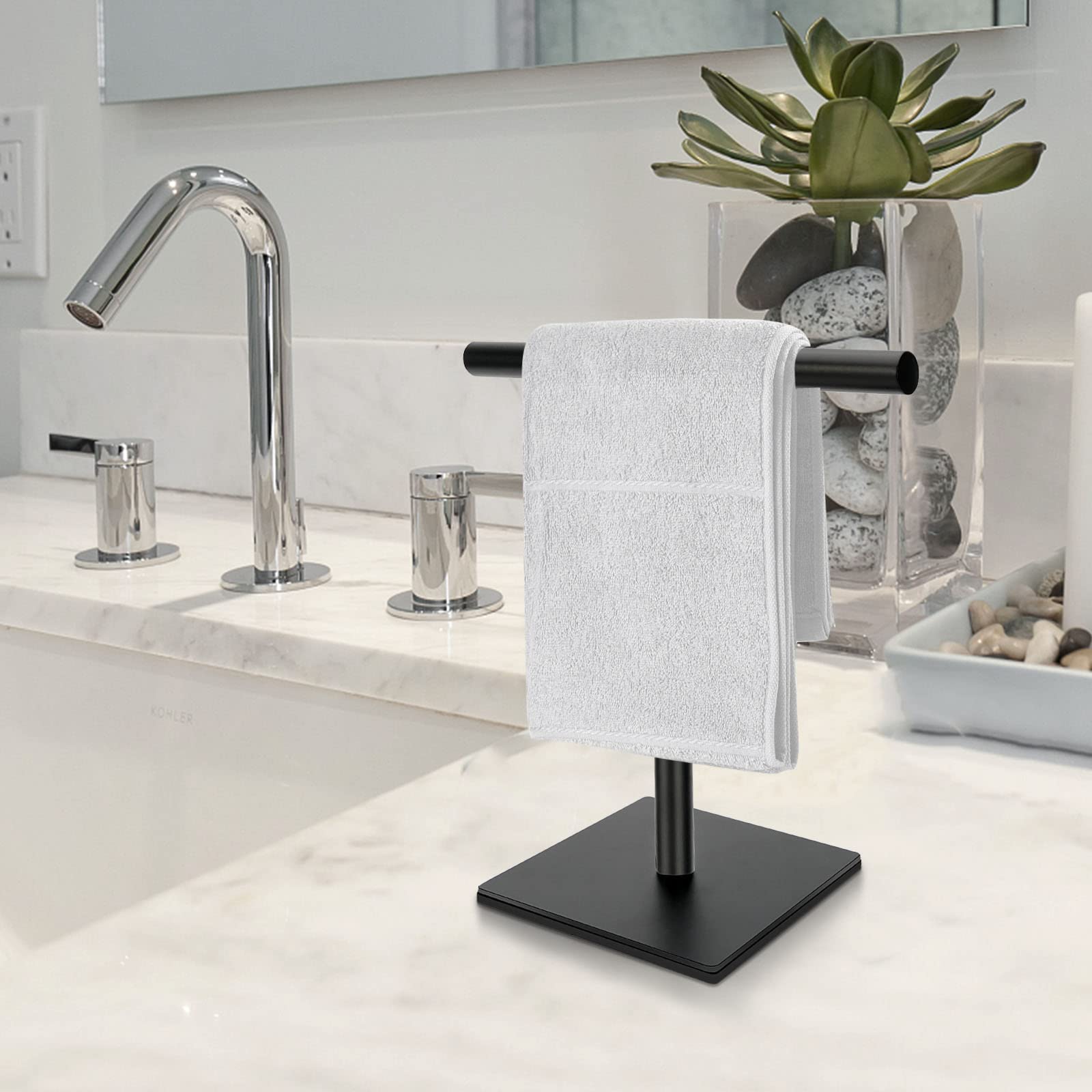 Square T-Shape Hand Towel Holder - Standing Hand Towel Rack for Bathroom or Kitchen Countertops, with SUS304 Stainless Steel Matte Black Finish,Minimalist Style