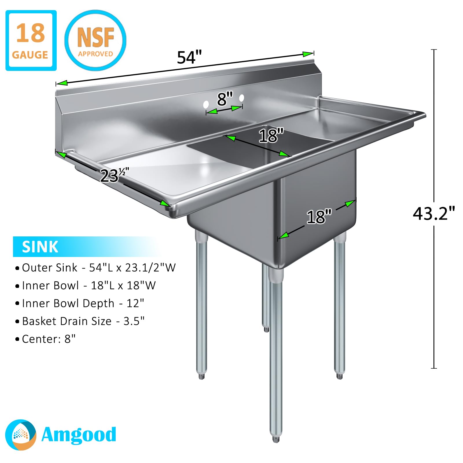 One Compartment Stainless Steel Commercial Kitchen Prep & Utility Sink with Left and Right Drainboards | Bowl Size 18" x 18" X 12" | NSF