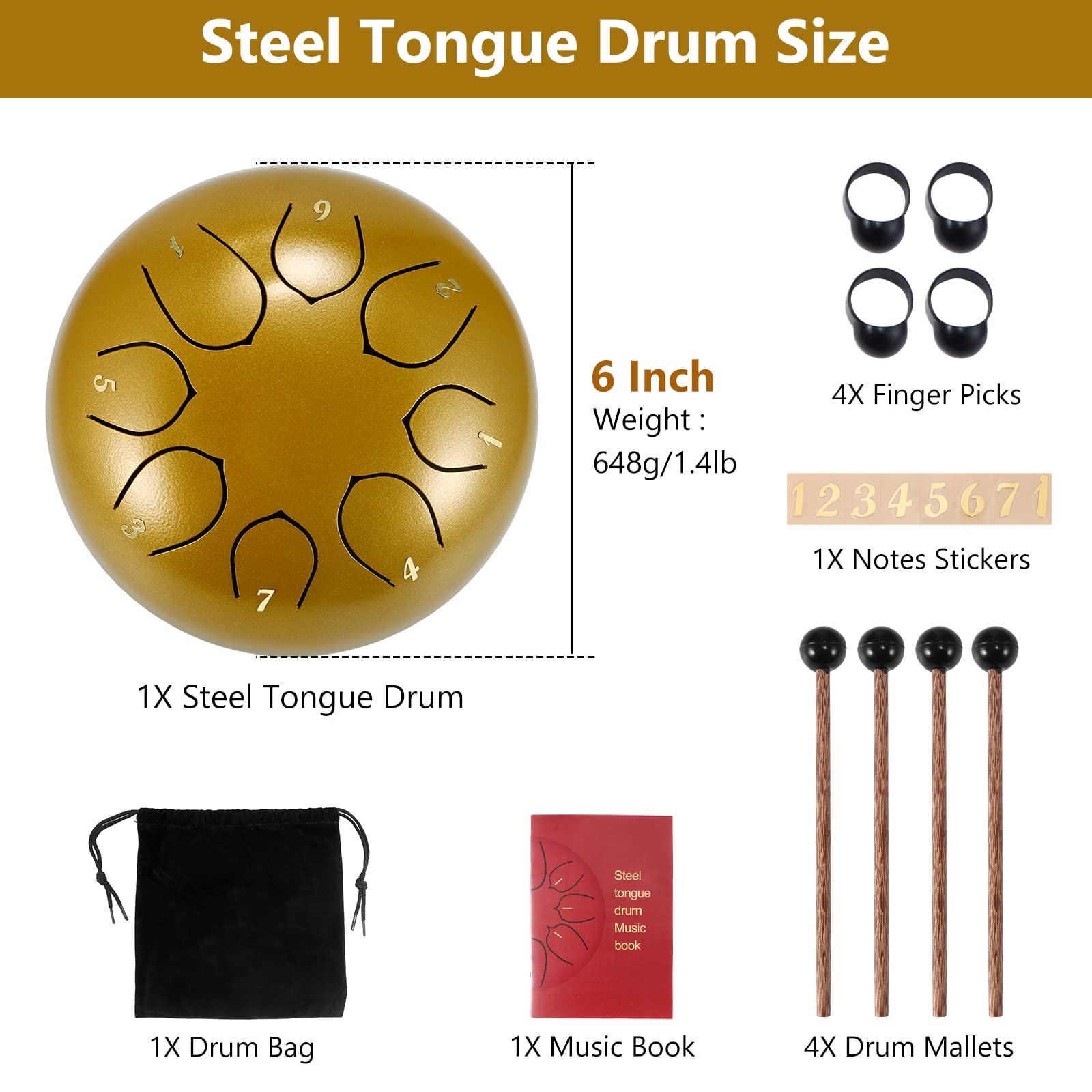 Steel Tongue Drum, DDSKY 6 Inch 8 Notes Lotus Type Handpan Drum Percussion Instrument Steel Drums Instruments with Bag Mallets Mallet Bracket for Mind Healing Yoga Meditatio (Golden)