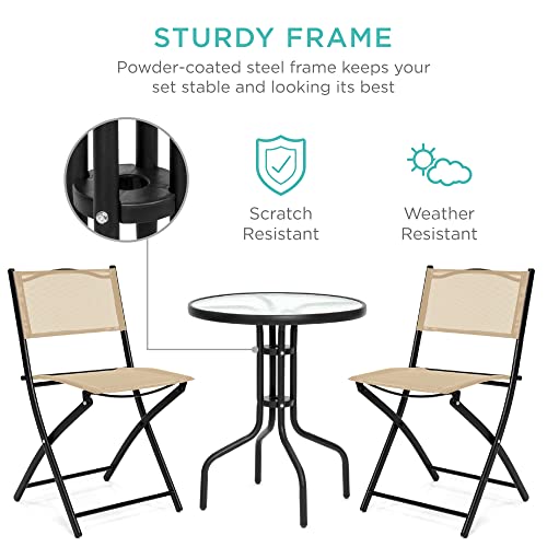 Best Choice Products 3-Piece Patio Bistro Dining Furniture Set w/Textured Glass Tabletop, 2 Folding Chairs, Steel Frame, Polyester Fabric - Beige