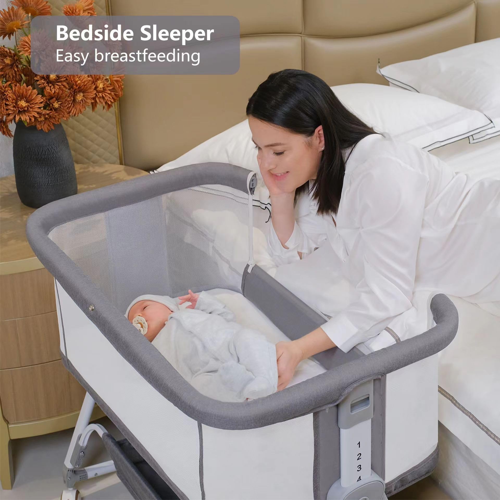 Baby Bassinet Bedside Sleeper for Baby with Wheels and Storage Basket ,All Mesh Portable Bedside Bassinet Co Sleeper for Newborn /Infant,7 Height Adjustable Easy to Assemble Bedside Crib(3 in 1,Black)