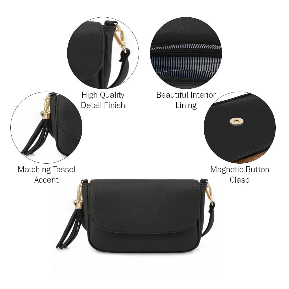 EVVE Small Crossbody Bag for Women Trendy Flap Saddle Purses with Tassel and Adjustable Shoulder Strap - Black
