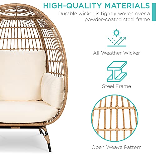 Best Choice Products Wicker Egg Chair, Oversized Indoor Outdoor Lounger for Patio, Backyard, Living Room w/ 4 Cushions, Steel Frame, 440lb Capacity - Ivory