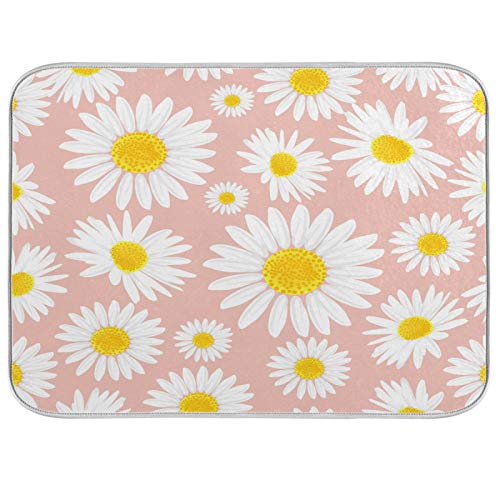 Flower Daisy Print Dish Drying Mat 16"x18" Absorbent Machine Washable Hanging Fast Dry Pad Dish Protective Mat for Kitchen Countertop Heat Resistant Dinner Table Mat