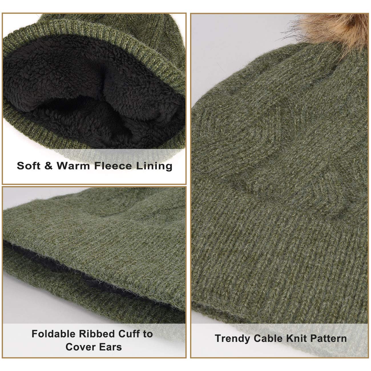 MAYLISACC Cable Knit Beanie-Hats and Mittens-Gloves-Set for Women Fleece Lined Winter Ski Caps with Fuax Fur Pom Pom, Green