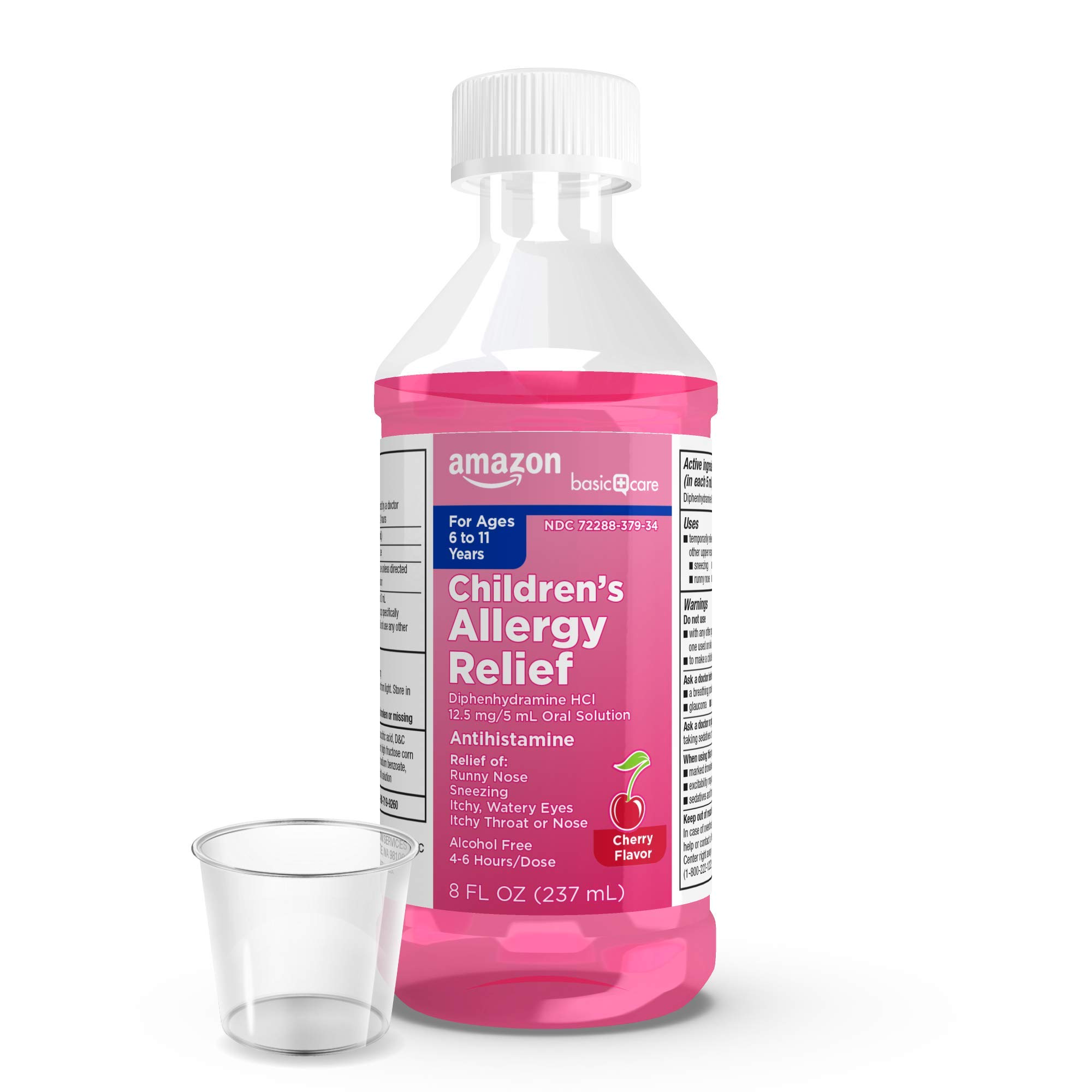 Amazon Basic Care Children's Allergy Relief Liquid, Kids Allergy Medicine with Diphenhydramine HCl, Antihistamine, Cherry Flavor, for Children Ages 6-11 Years, 8 Fl Oz (Pack of 1)