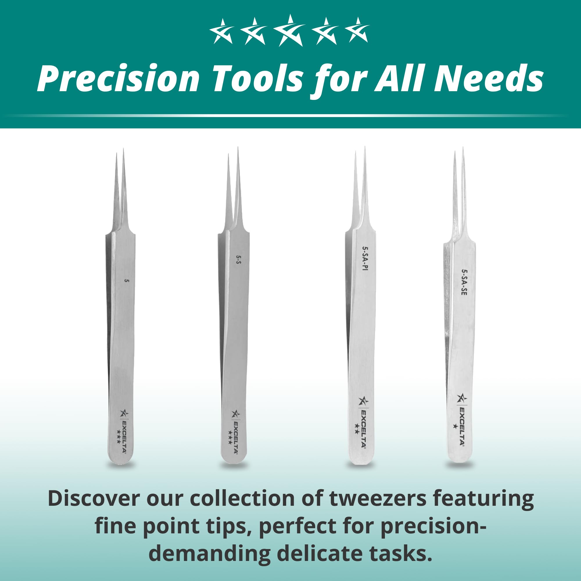 Excelta Ultra Fine Point Tweezers, Mini Straight Tapered For Microscopy, 4.25" Anti-Magnetic Stainless Steel, Basic
