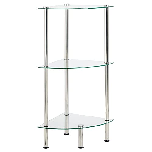 mDesign Bathroom Floor Storage Corner Tower, 3 Tier Open Glass Shelves - Compact Shelving Display Unit - Multi-Use Home Organizer for Bath, Office, Bedroom, Living Room - Clear/Chrome Metal