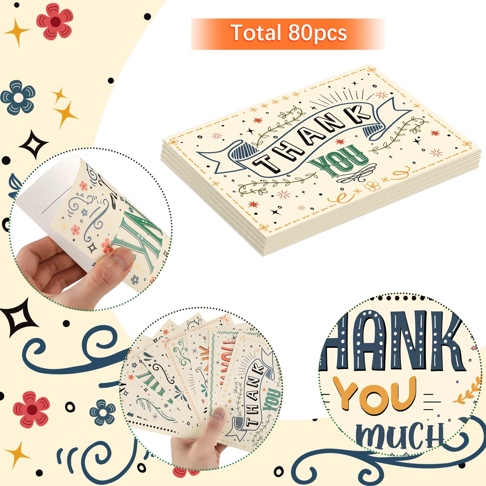 Junkin 80 Pack Thank You Postcards Thanks Blank Note Postcards Retro Appreciation Cards Greeting Cards Assorted Cards for Employee Teacher Adults Team Volunteers, 4 x 6 Inch
