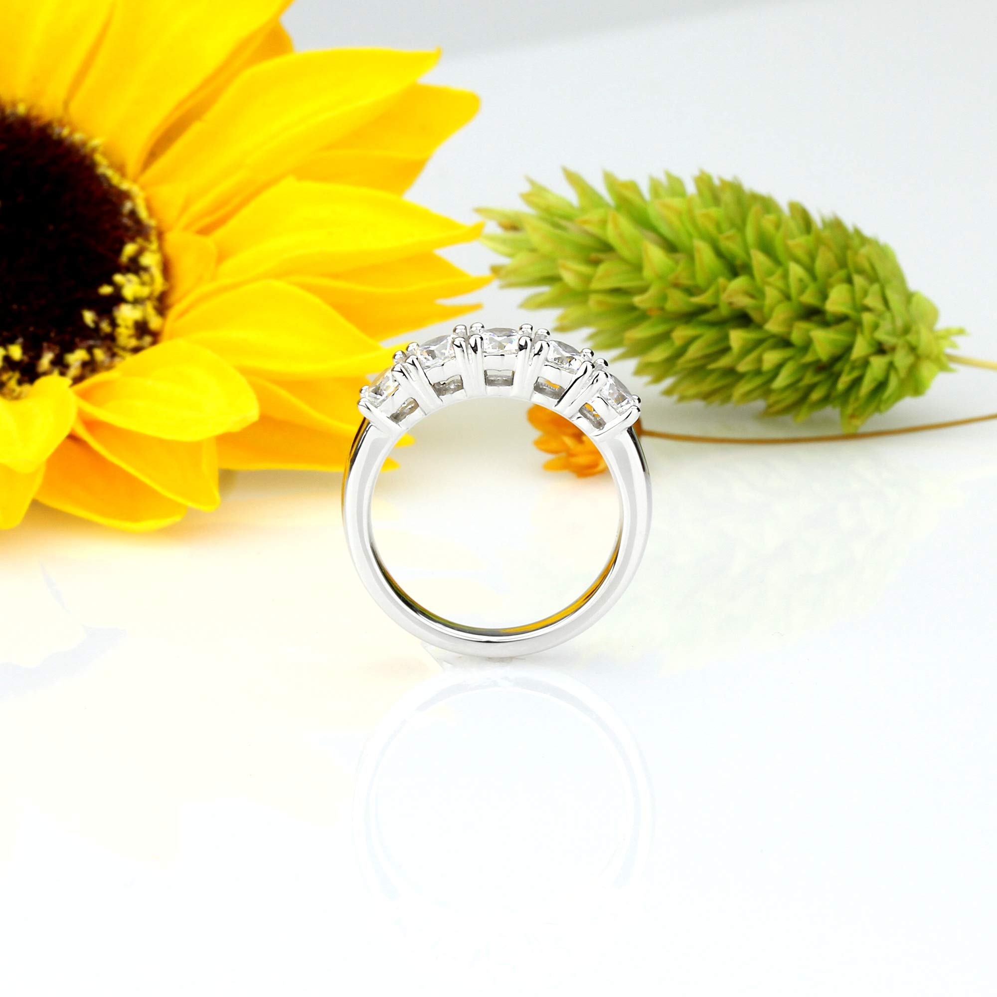 925 Sterling Silver Ring Round 1.2 carat CZ Stone Prong Set Five Stone Wedding Anniversary Ring 4MM (Size 5 to 10), 7