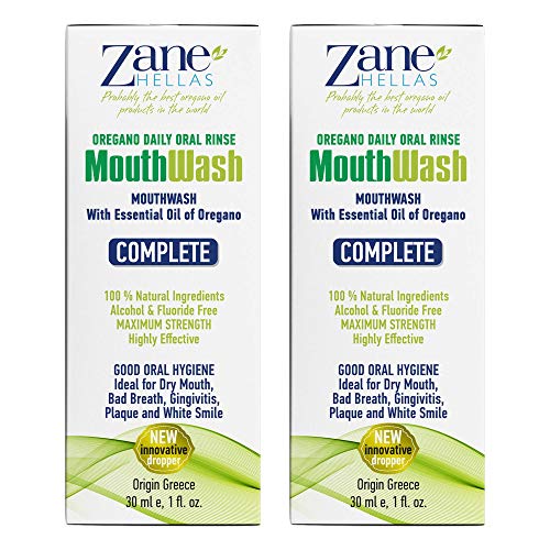 Zane Hellas MouthWash. Oral Rinse with Oregano Oil Power. Ideal for Gingivitis, Plaque, Dry Mouth, and Bad Breath. Alcohol and Fluoride Free. 100% Herbal Solution. 2 fl.oz.-60ml.