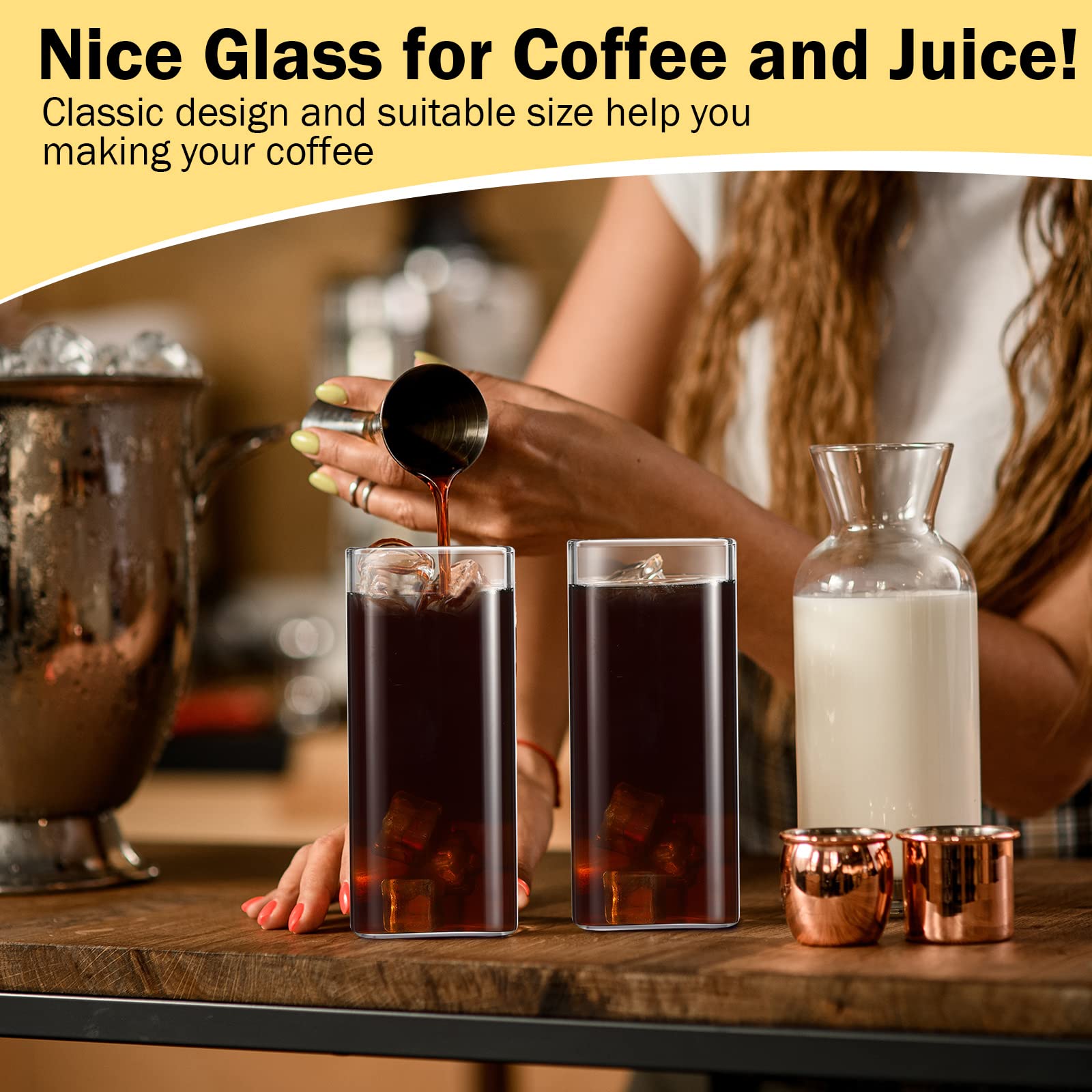 9 Pack 13 oz Clear Drinking Glasses Square Highball Thin Glass Cups Tumbler Set Elegant Bar Modern Glassware for Water Coffee Mixed Drinks Cocktail Wine Beer Juice Iced Tea Kitchen Party Home