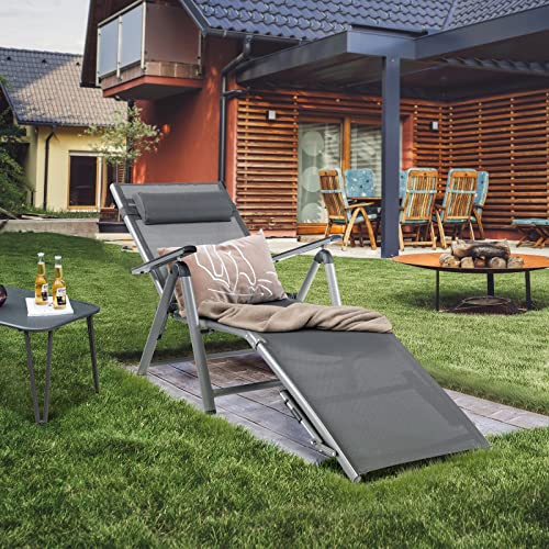HAPPYGRILL Patio Lounge Chair Aluminum Chaise Lounge Chair with 8-Position Adjustable Backrest, 2-postion Footrest, Comfortable Headrest, Outdoor Folding Reclining Chair for Patio Poolside Backyard