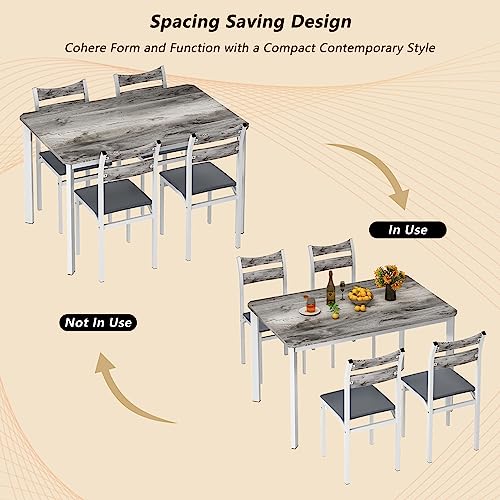 DKLGG Dining Table Set for 4, 43.3" Dining Room Table with 4 Upholstered PU Leather Chairs, Modern Wood Kitchen Table and Chairs Set, 5-Piece Dinette Set for Breakfast Nook, Small Places, Grey