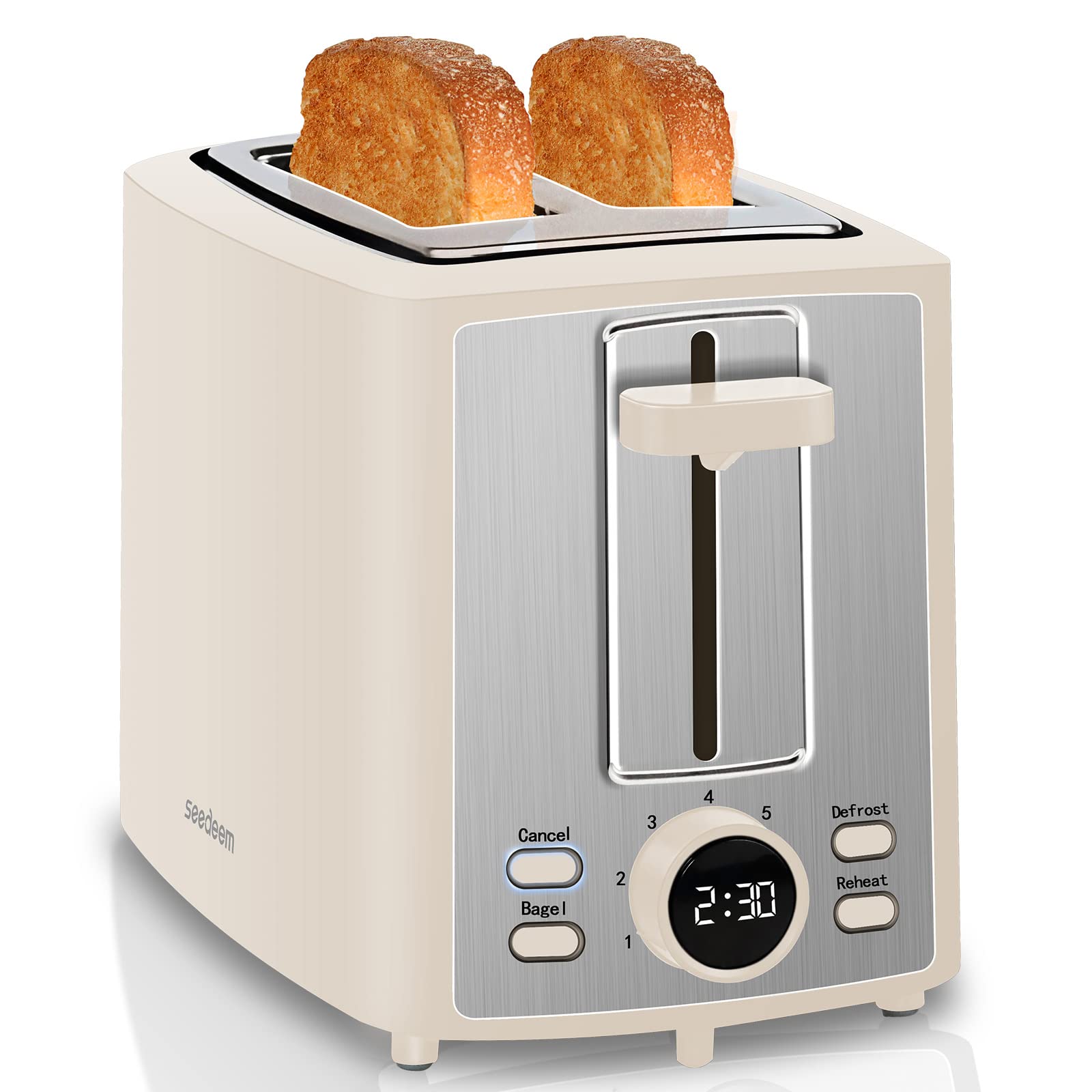 SEEDEEM Toaster 2 Slice, Bread Toaster with LCD Display, 7 Shade Settings, 1.ļ¼'' Extra Wide Slots Toaster with Cancel, Bagel, Defrost, Reheat Functions, Removable Crumb Tray, 900W, Cream White
