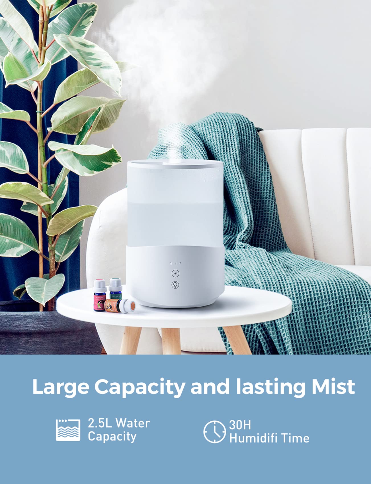 Cool Mist Humidifier, 2-in-1 Essential Oil Diffuser for Baby Kids Nursery, 2.5L Top Fill Humidifier with 7-Color Night Lights for Bedroom Office, Humidifier with Adjustable Mist Mode, Auto Shut Off