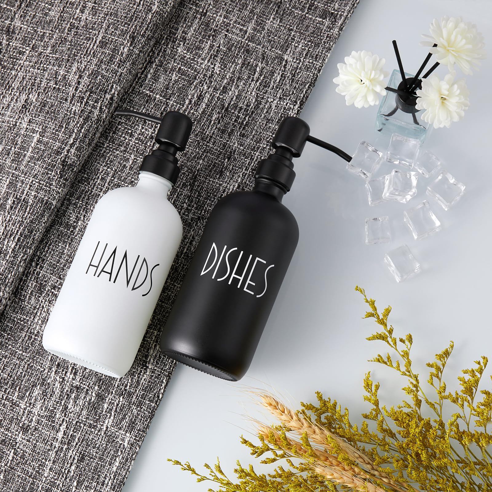 ALELION Glass Dish Soap Dispenser for Kitchen - 16 OZ Hand Soap Dispenser Set with Stainless Steel Pump - Matte Black White Modern Farmhouse Kitchen Bathroom Decor and Accessories