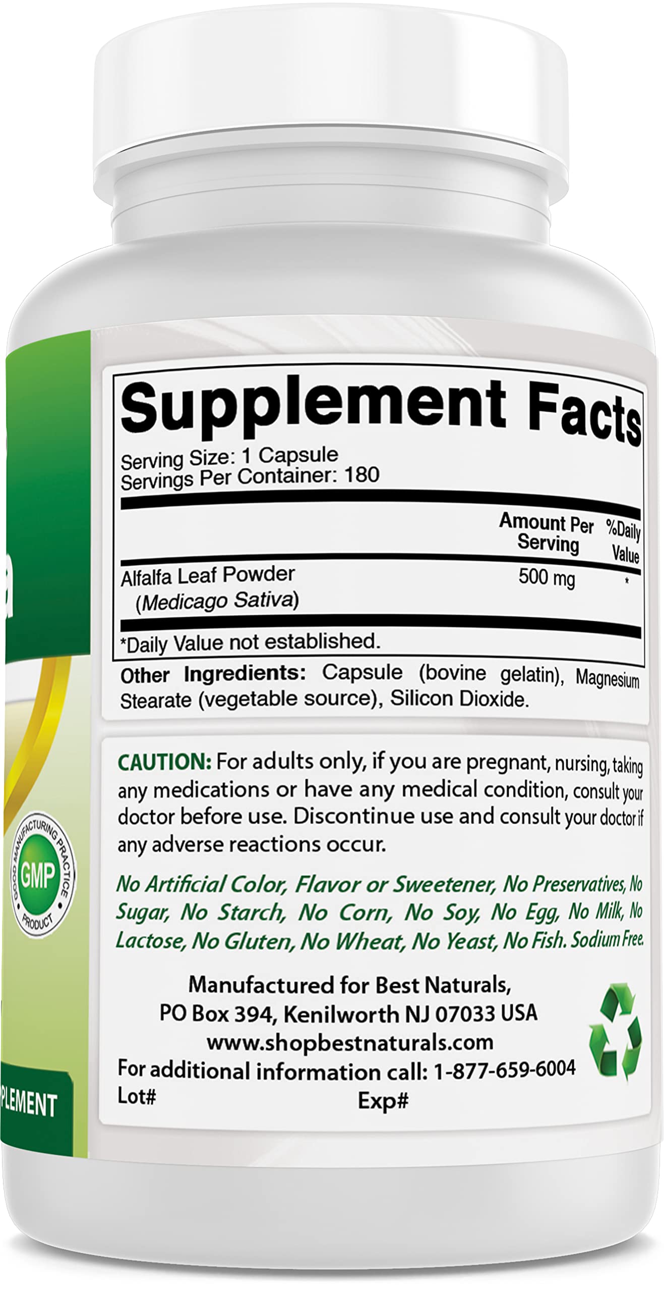 Best Naturals Alfalfa Green Super Food 500 mg 180 Capsules (180 Count (Pack of 1))