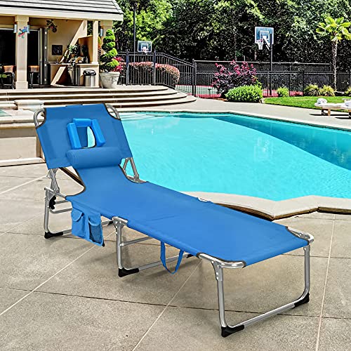 BANGTANE Tanning Chair, Lounge Chair for Outside, Portable Folding Beach Lounger w/ 5 Backrest Positions, Face Hole & Removable Pillow, 331LBS, Ideal for Poolside, Beach, Garden (Blue)