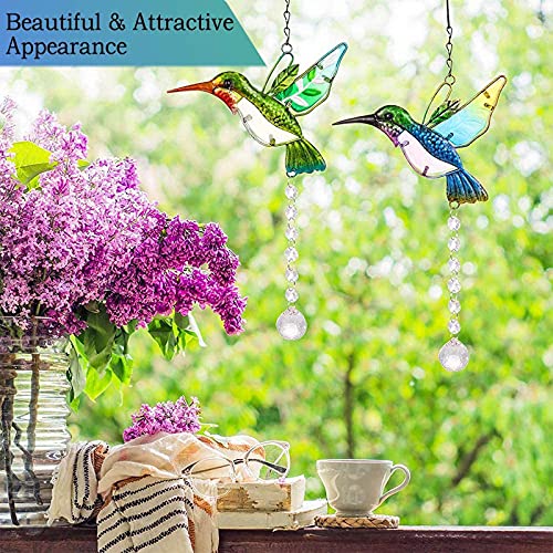 Stained Glass Hummingbird Window Hangings, Indoor Window Hanging Crystals Ornaments, Hanging Clear Crystals Ornament Decoration for Home, Garden, Office (Green)