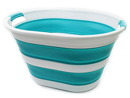 SAMMART 34L(8.98 gallon) Collapsible Plastic Laundry Basket-Oval Tub/Basket-Foldable Storage Container/Organizer-Portable Washing Tub-Space Saving,Water capacity 29L (7.66 gallon) (1, Bright Blue)