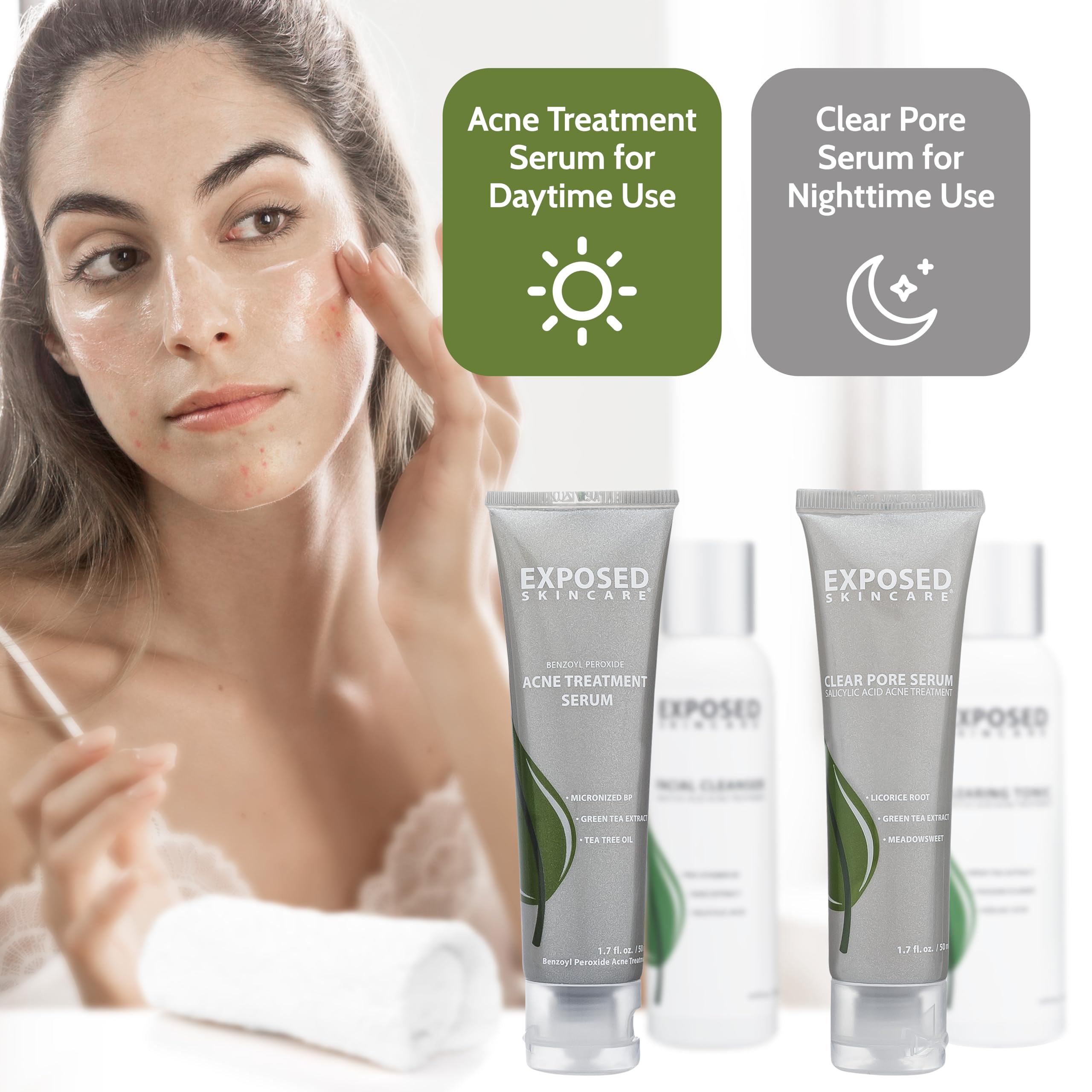 Exposed Skin Care Basic Acne Treatment Kit - Includes Salicylic Acid Face Wash, Clearing Tonic, Acne Treatment Serum with Benzoyl Peroxide, Clear Pore Serum - Acne Set Solution for All Skin Types