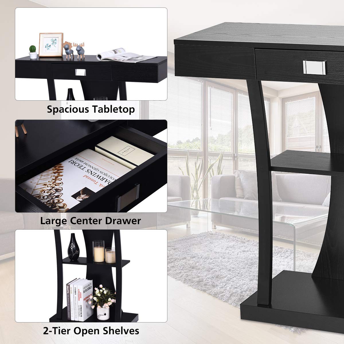Giantex Narrow Console Table T-Shaped - Behind Couch Table with Drawer, Shelves, Dual Anti-Tipping Kits, Modern Foyer Table, Sofa Side Table for Living Room, Entryway, Hallway, Entry Table (Brown)